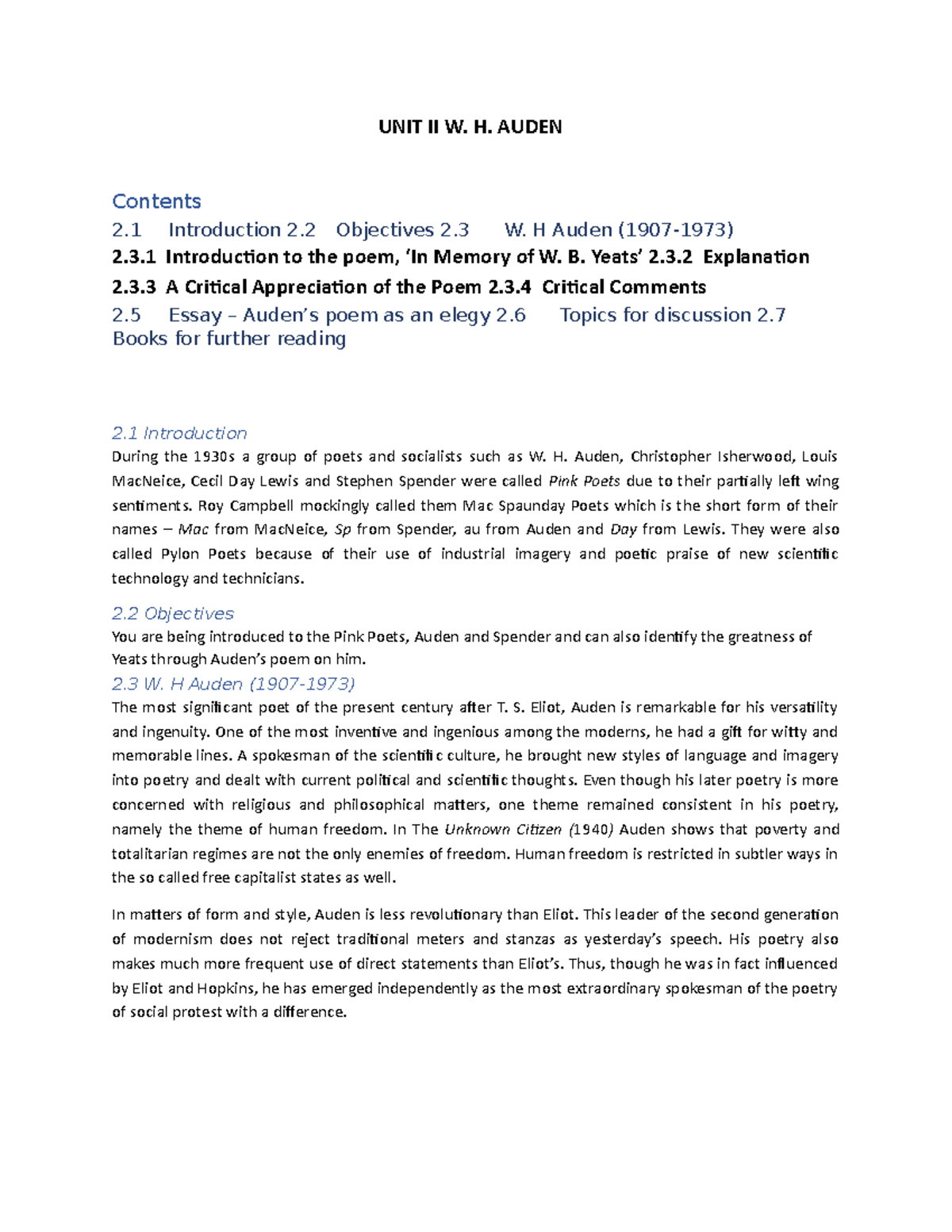 M1 unit 2 WH Auden - It's lecture notes - UNIT II W. H. AUDEN Contents ...