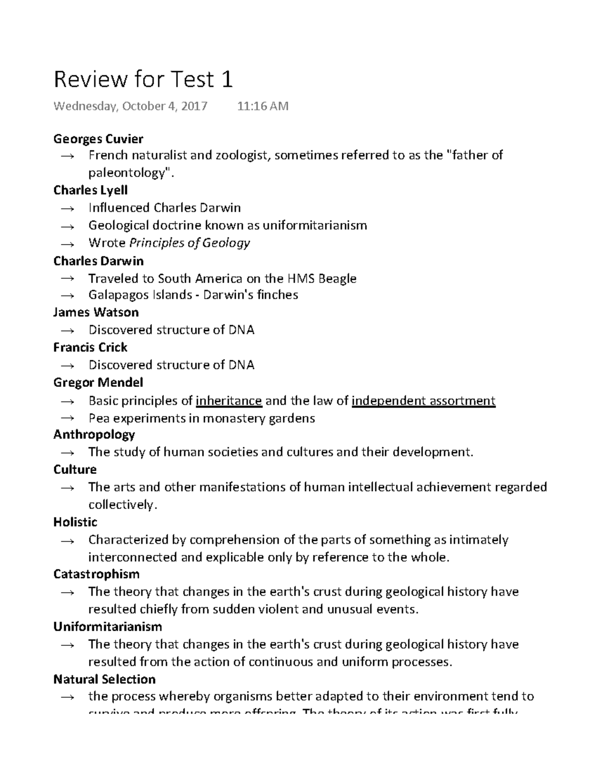 Review for Test 1 - Study Guide - Review for Test 1 Wednesday, October ...