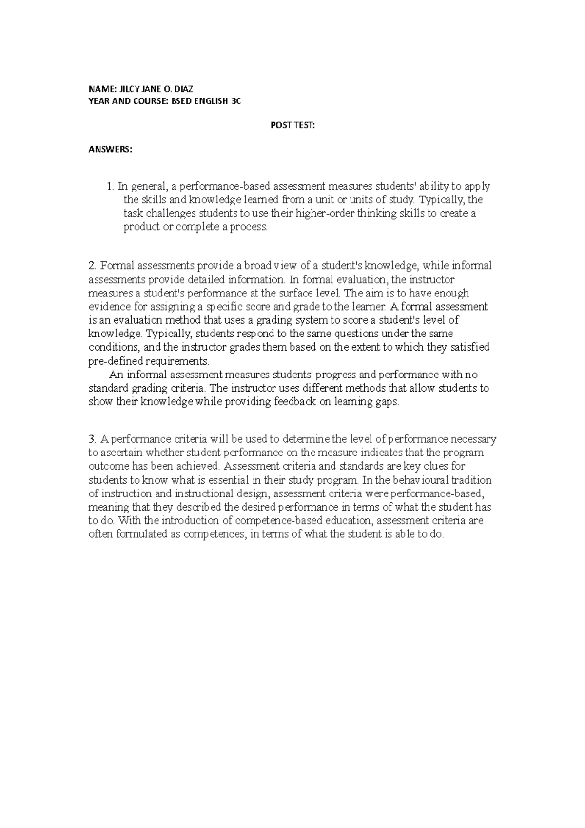 Lesson 4 POST TEST - POST TEST ANSWER - NAME: JILCY JANE O. DIAZ YEAR ...