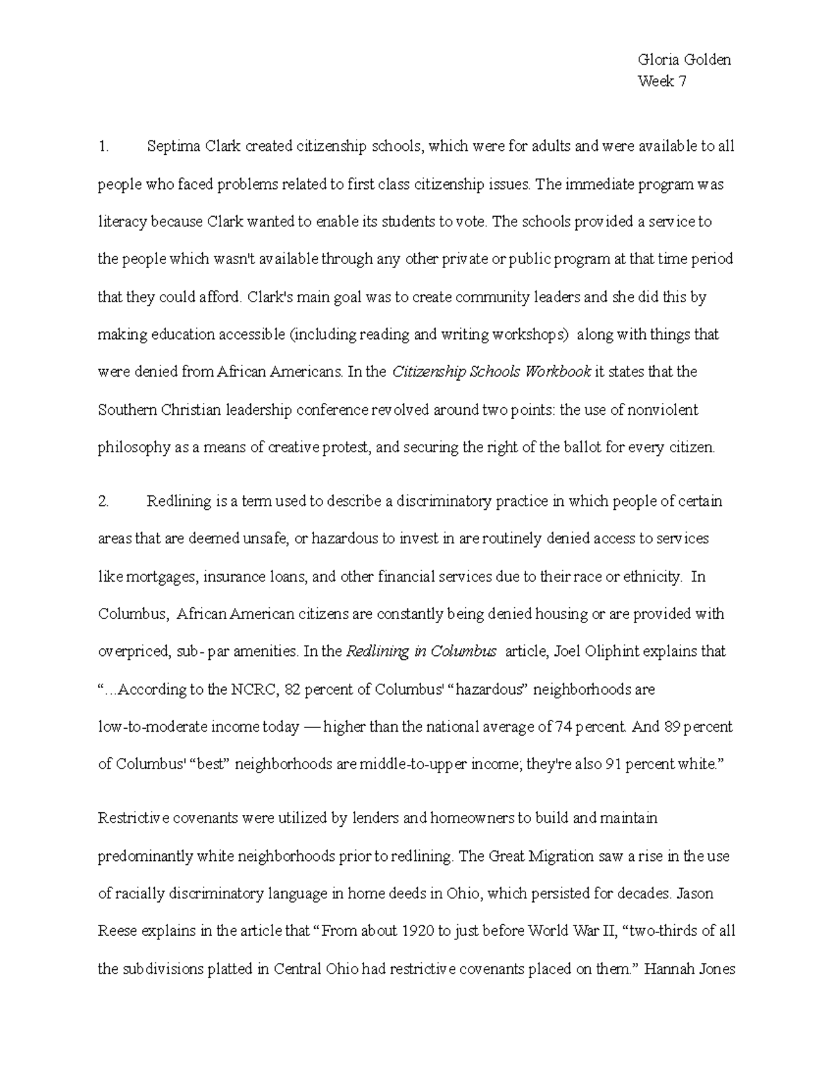 Week 7 Primary Source Essay Responses Assignment - Gloria Golden Week 7 Septima Clark created ...