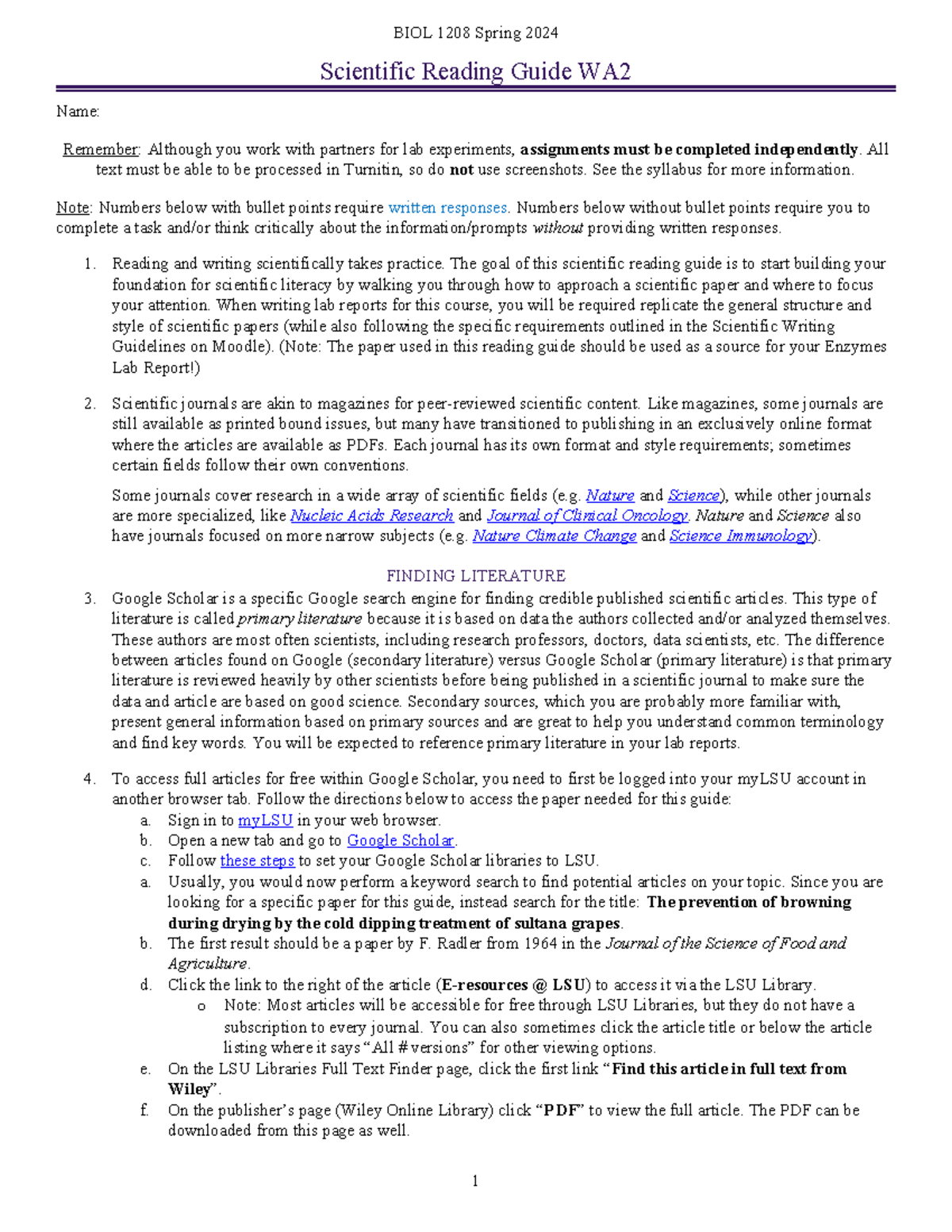 Scientific Reading Guide WA2 - Scientific Reading Guide WA Name ...