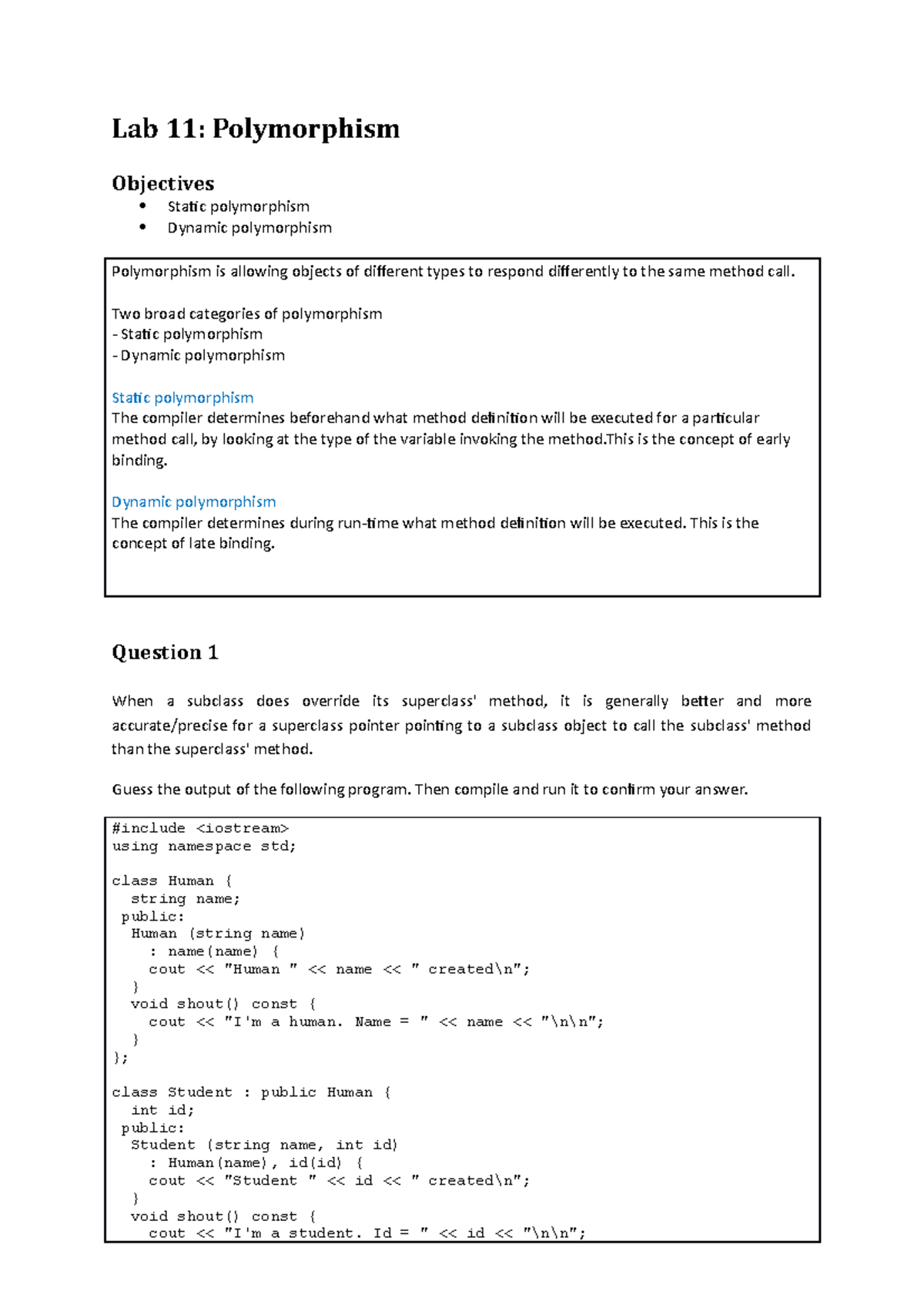 298679 Computer Programming Lab 11 - Lab 11: Polymorphism Objectives Static polymorphism Dynamic ...