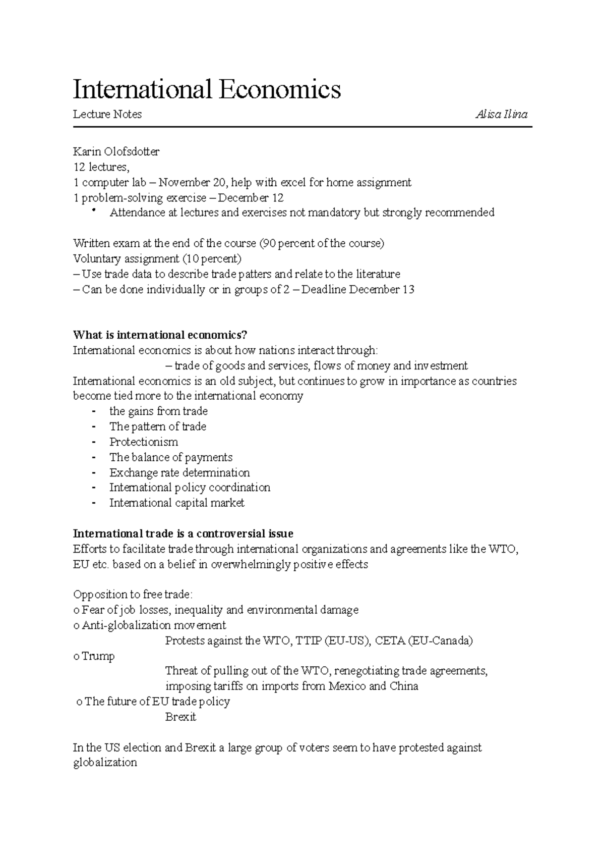 International Economics - International Economics Lecture Notes Alisa ...