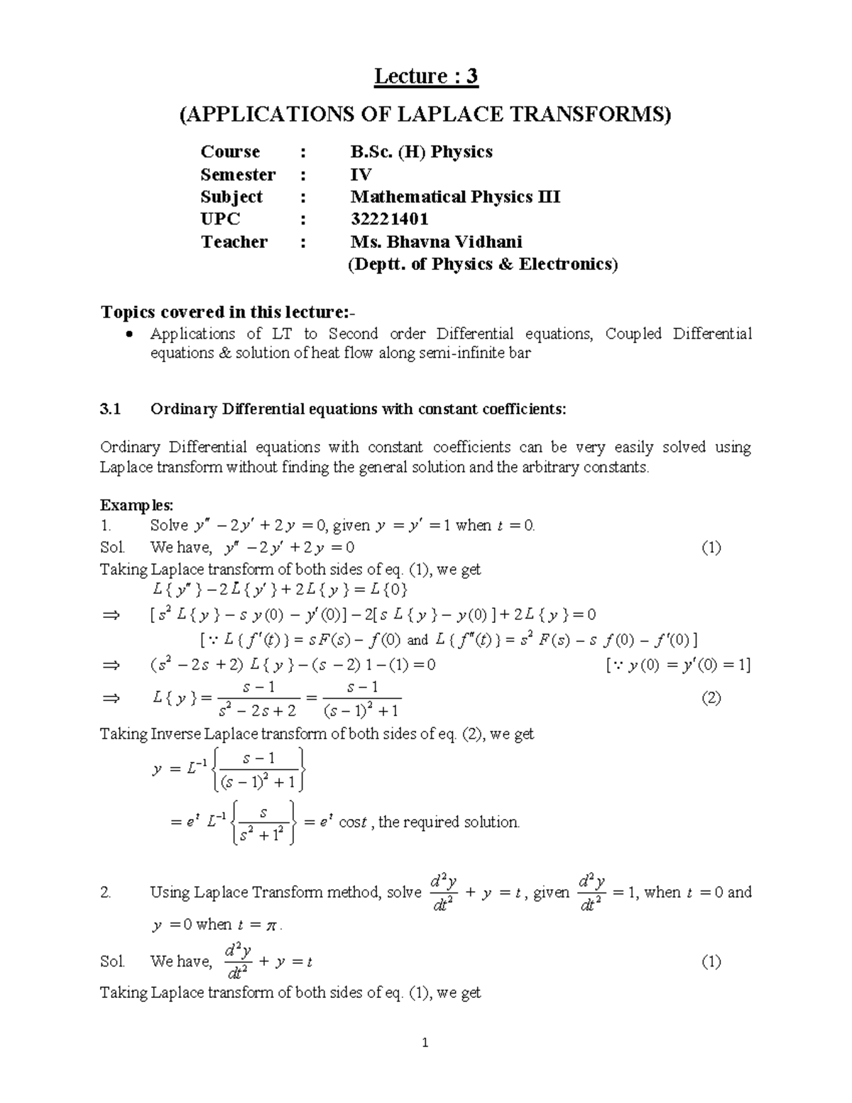 Laplace 3 HRC - Very nice - Lecture : 3 (APPLICATIONS OF LAPLACE TRANSFORMS) Course : B. (H ...