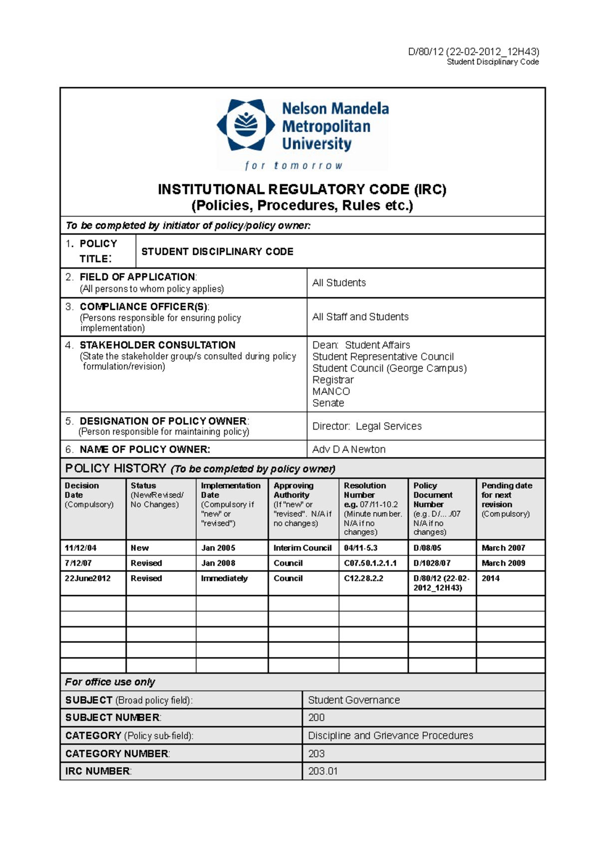 3-203-Discipline - Student Disciplinary Code INSTITUTIONAL REGULATORY ...