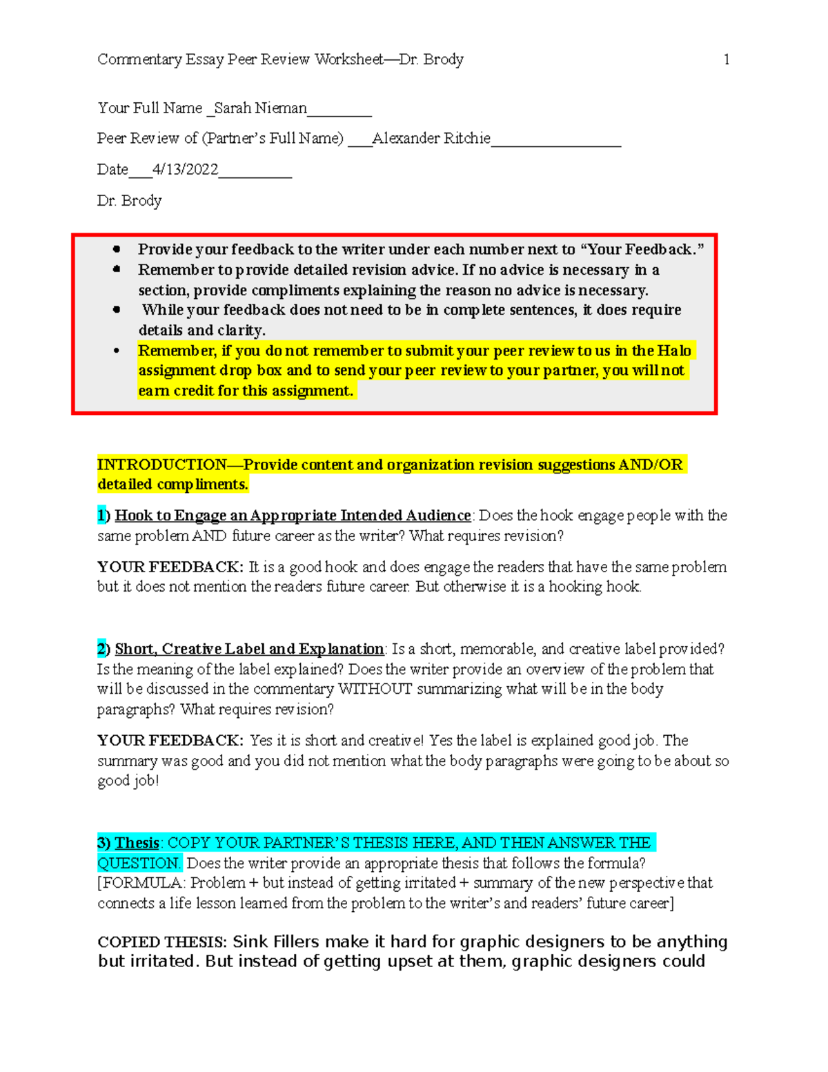 Commentary Peer Review Worksheet - Your Full Name Sarah Nieman ...