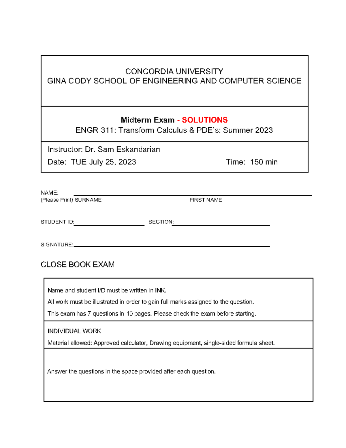 ENGR 311 Midterm Summer 2023 - CONCORDIA UNIVERSITY GINA CODY SCHOOL OF ENGINEERING AND COMPUTER ...