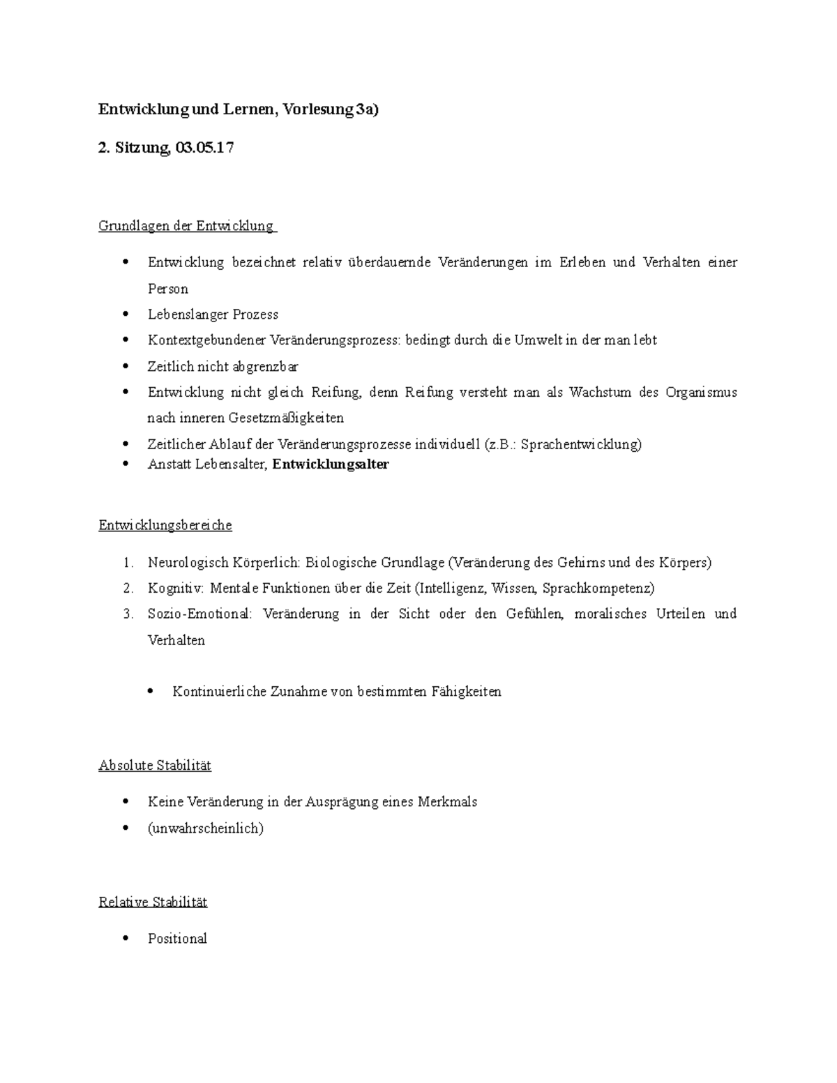 Zweite Sitzung - Grundlagen der Entwicklung - Entwicklung und Lernen ...