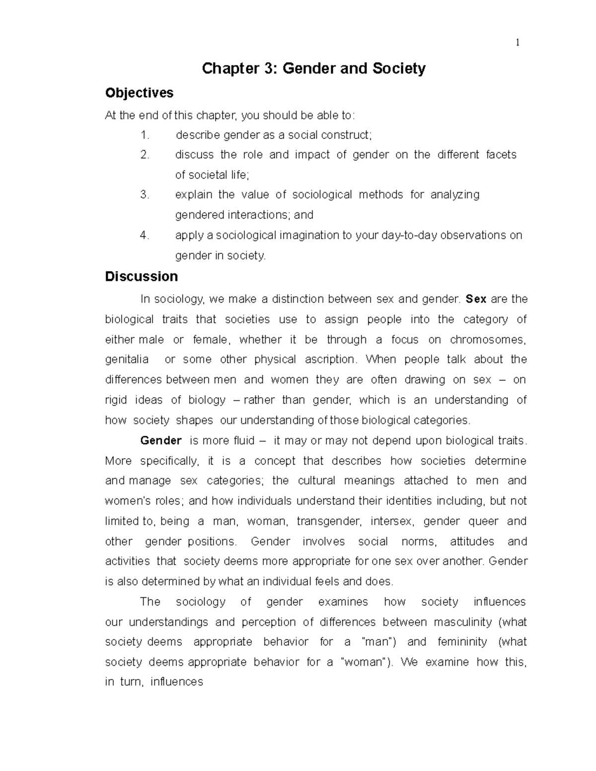 Module 3 GE Elect 3 - Lecture notes 7 - 1 Objectives Chapter 3: Gender ...