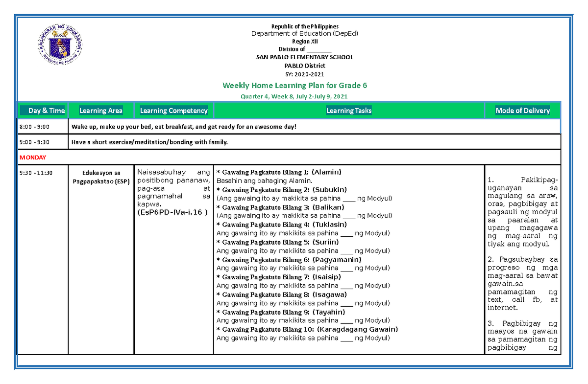 Grade 6 ALL Subjects WHLP Q4 W8 - Weekly Home Learning Plan for Grade 6 Quarter 4, Week 8, July ...