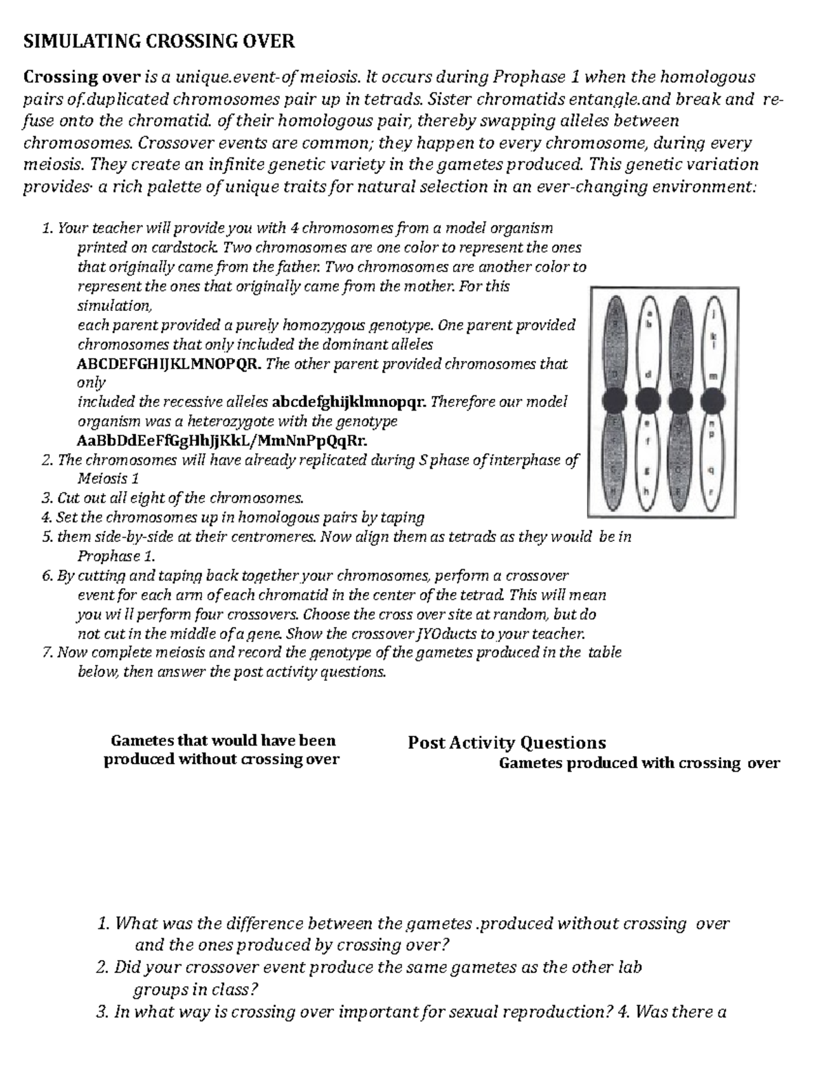 Simulating Crossing OVER - SIMULATING CROSSING OVER Crossing over is a ...