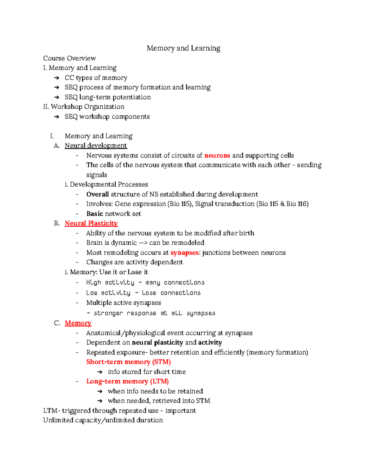 GB 115 Lecture #1 - Memory and Learning Course Overview I. Memory and Learning CC types of ...