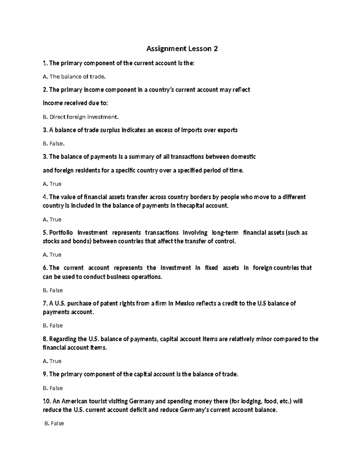 Assignment Lesson 2 - The balance of trade. The primary income ...