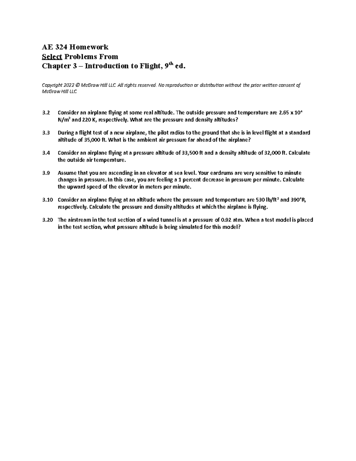 HW - Chapter 3 - homework - AE 324 Homework Select Problems From Chapter 3 – Introduction to ...
