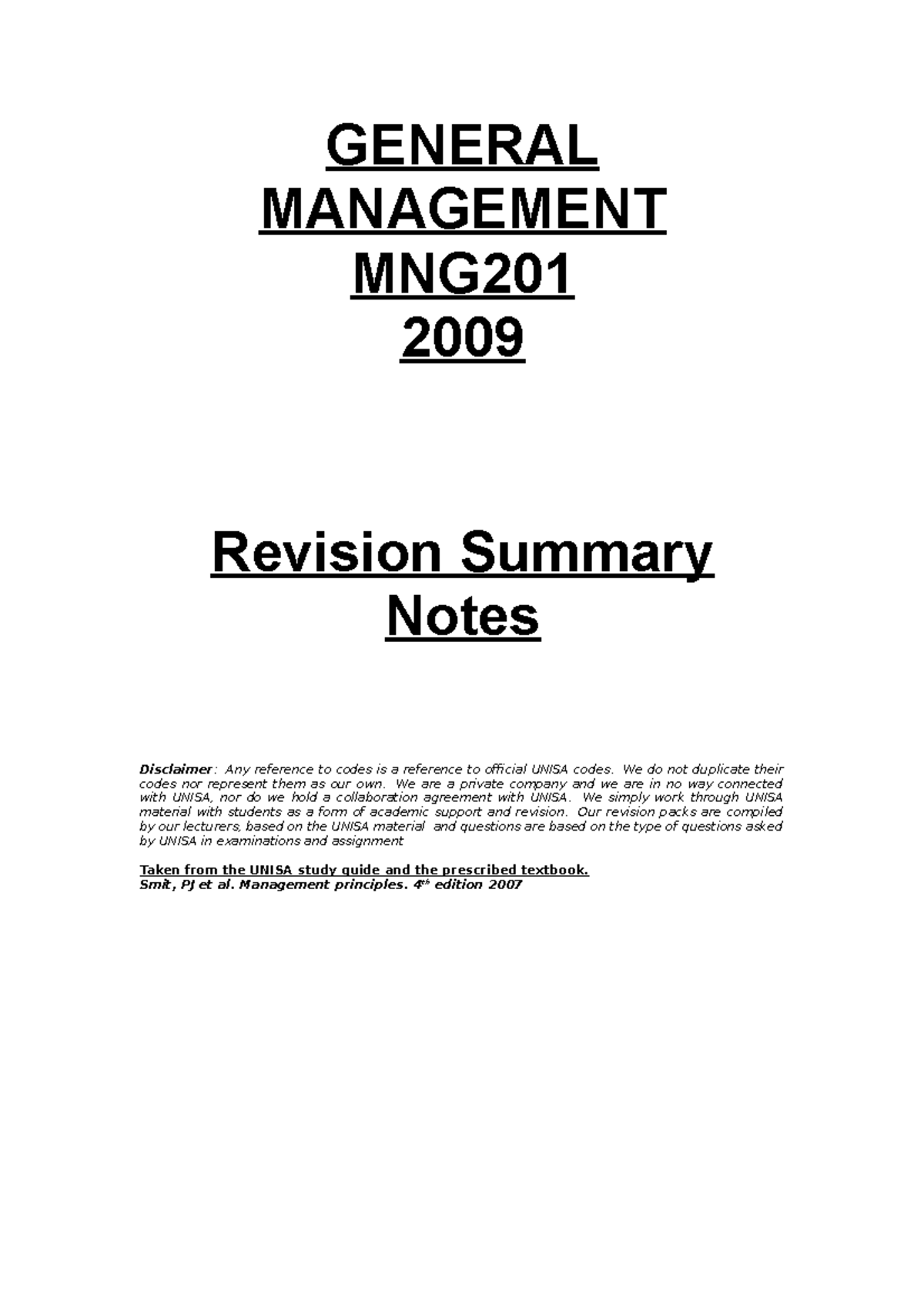 MNG2601 study units 1 to 3 - GENERAL MANAGEMENT MNG 2009 Revision ...
