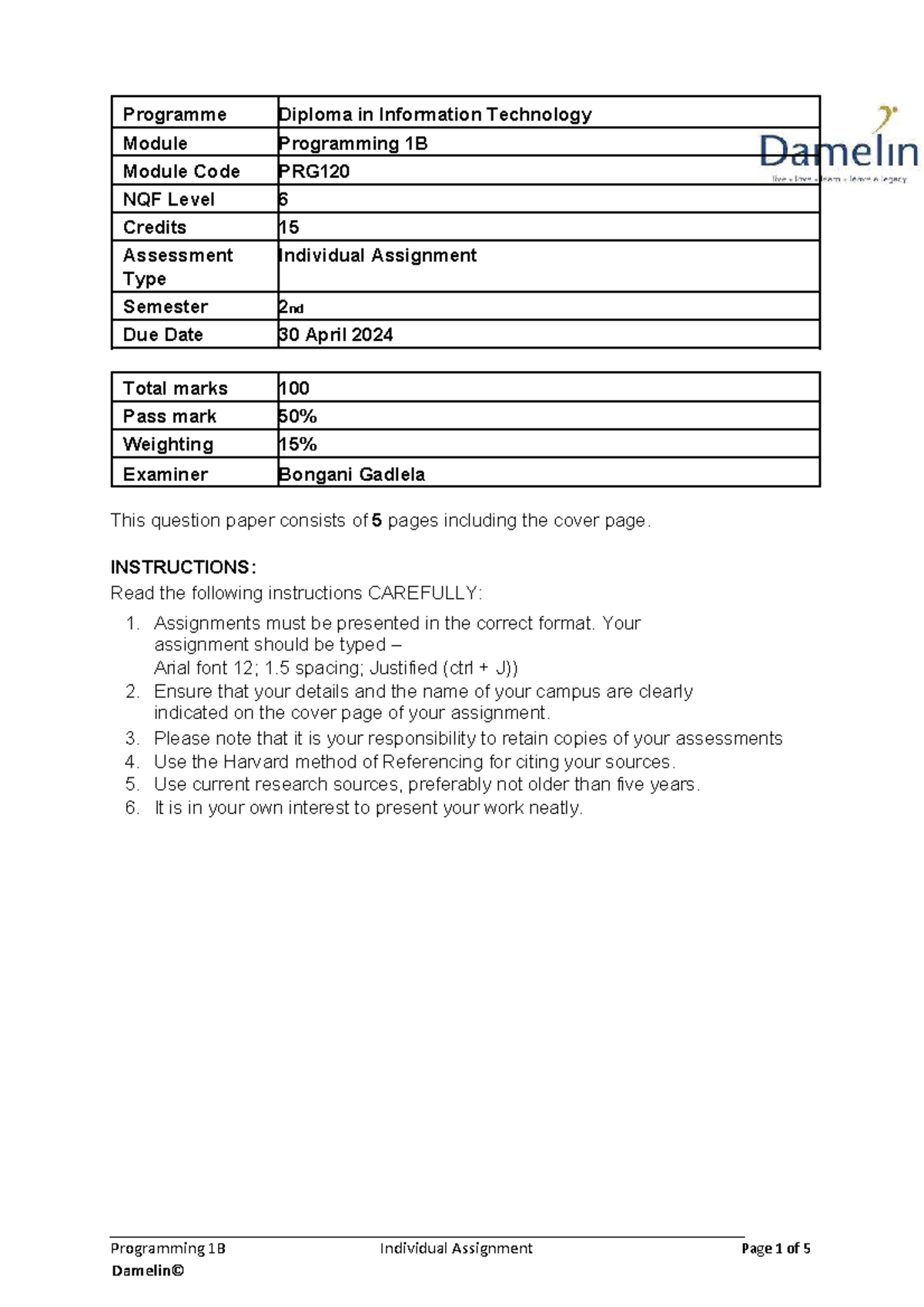 PRG120 1B DIP IT Assignment 02 2024 - Programme Diploma in Information Technology Module ...