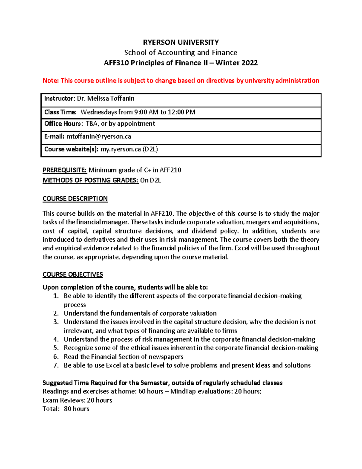 Aff310 outline - RYERSON UNIVERSITY School of Accounting and Finance ...