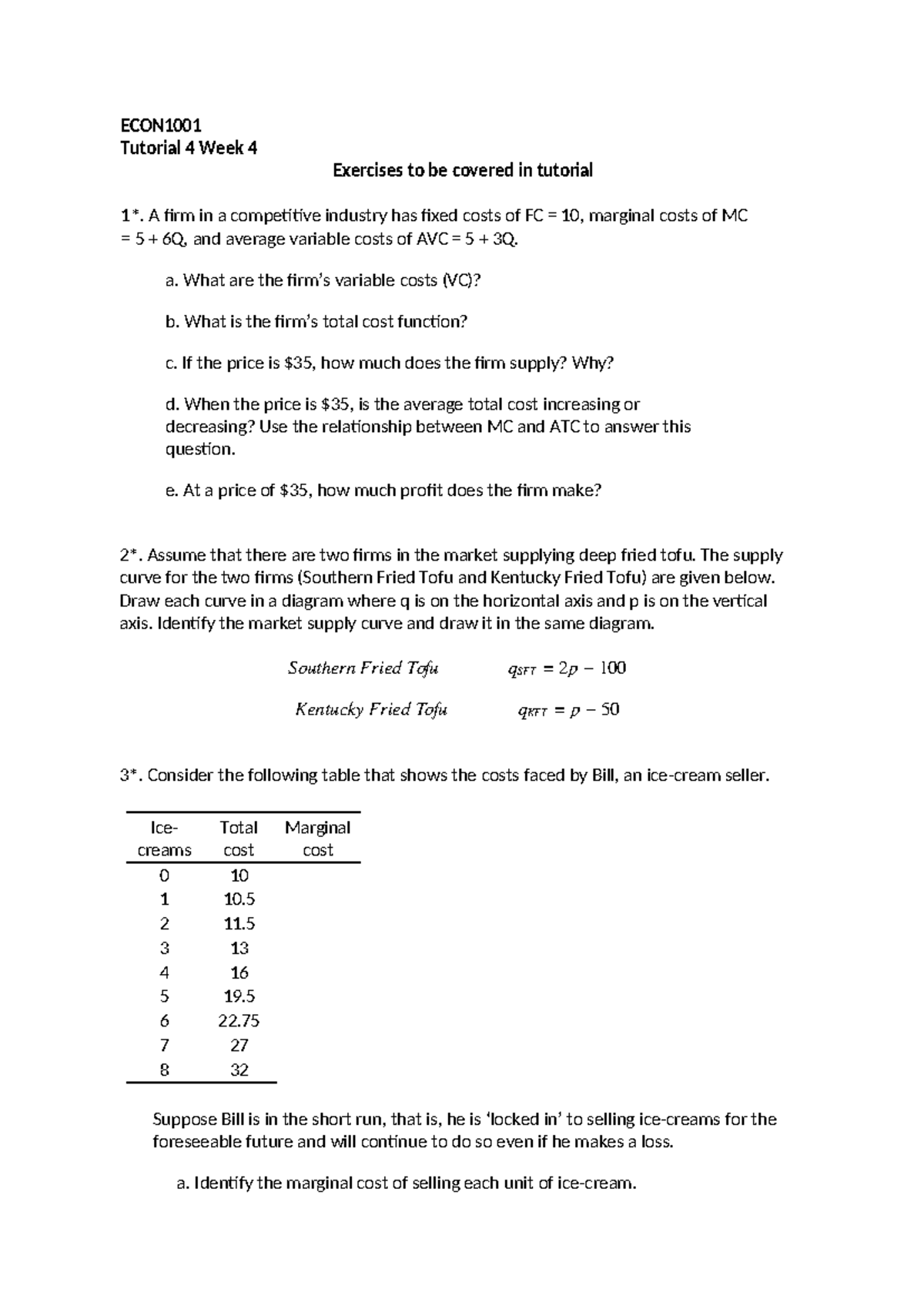 ECON1001 - Tutorial 4 - Notes - ECON Tutorial 4 Week 4 Exercises to be ...