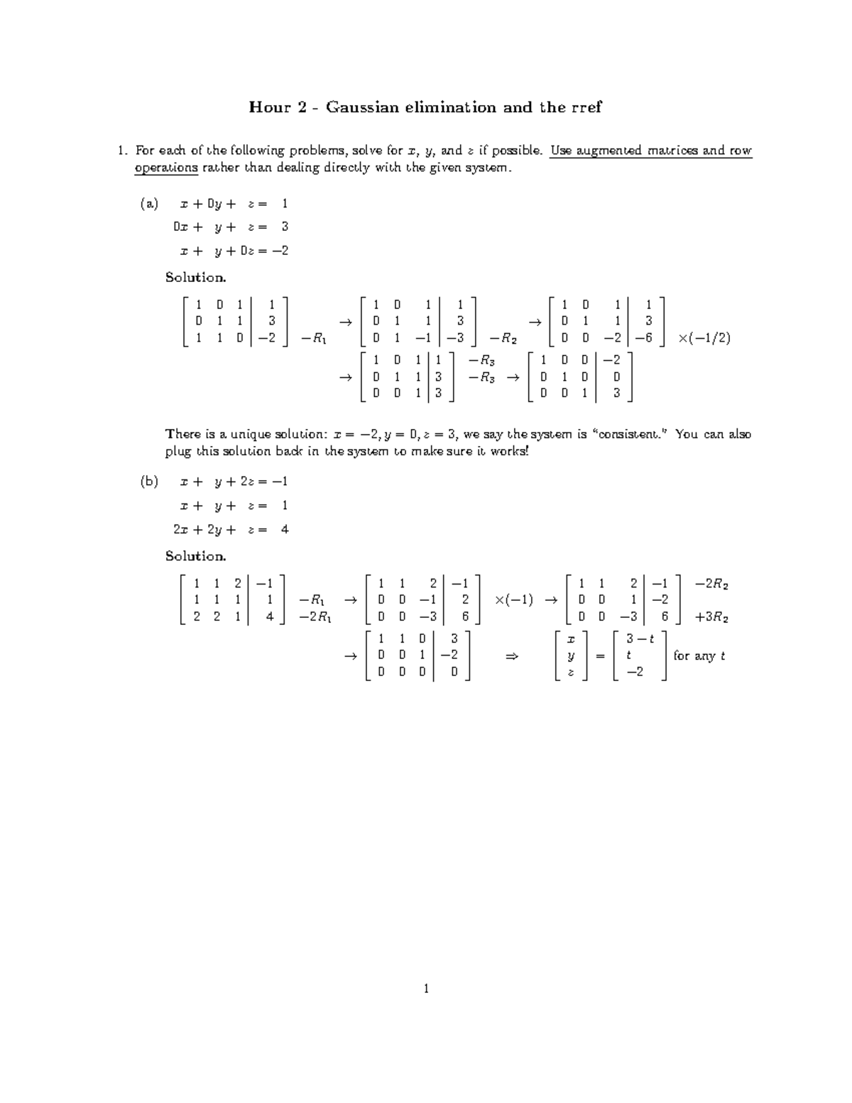 02-rref-sols - Lecture 2 - RREF - Hour 2 - Gaussian elimination and the ...