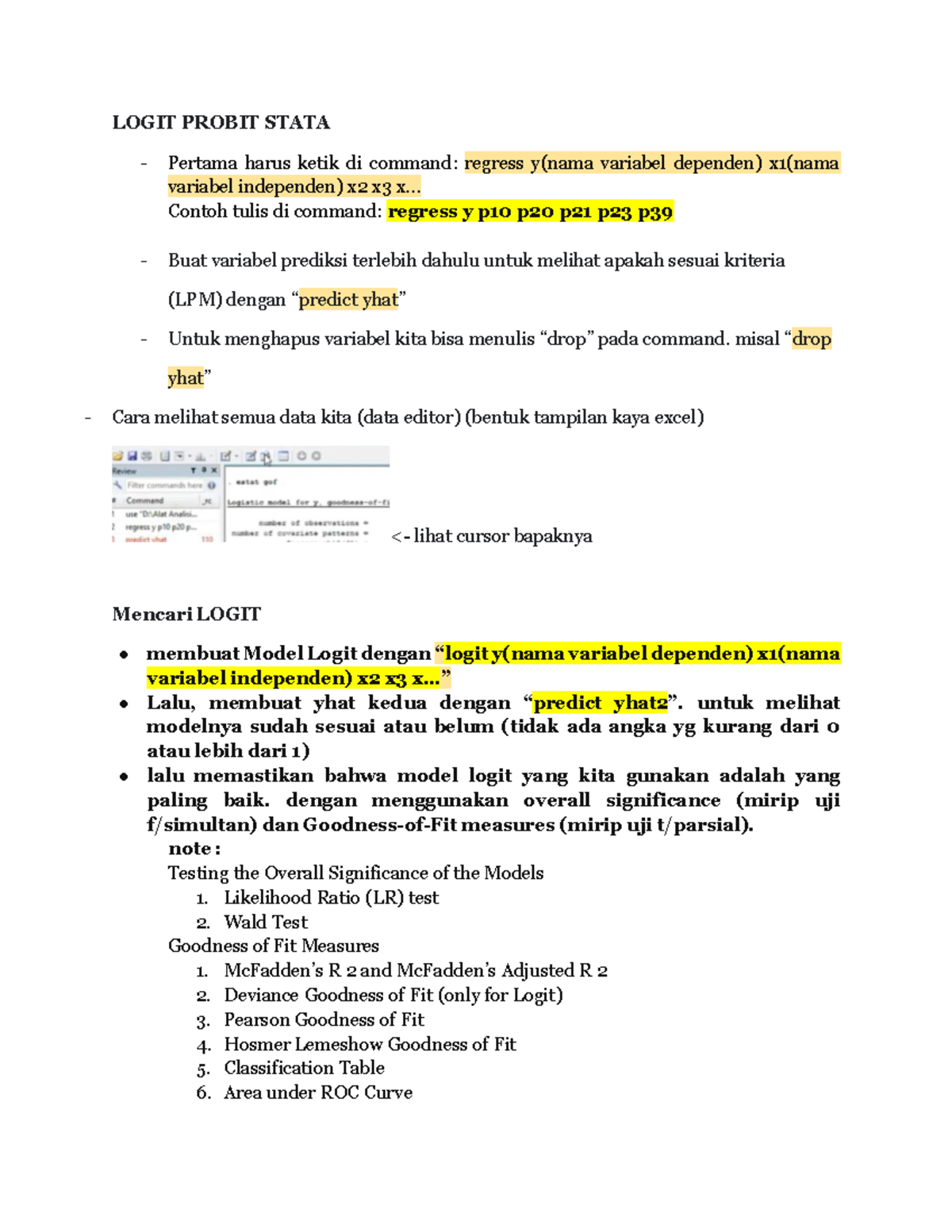 Logit Probit Stata LOGIT PROBIT STATA Pertama Harus Ketik Di Command