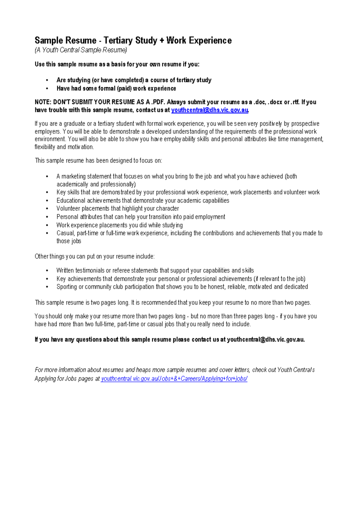 Youth Central Resume-Tertiary-Work-Exp - Sample Resume Tertiary Study ...