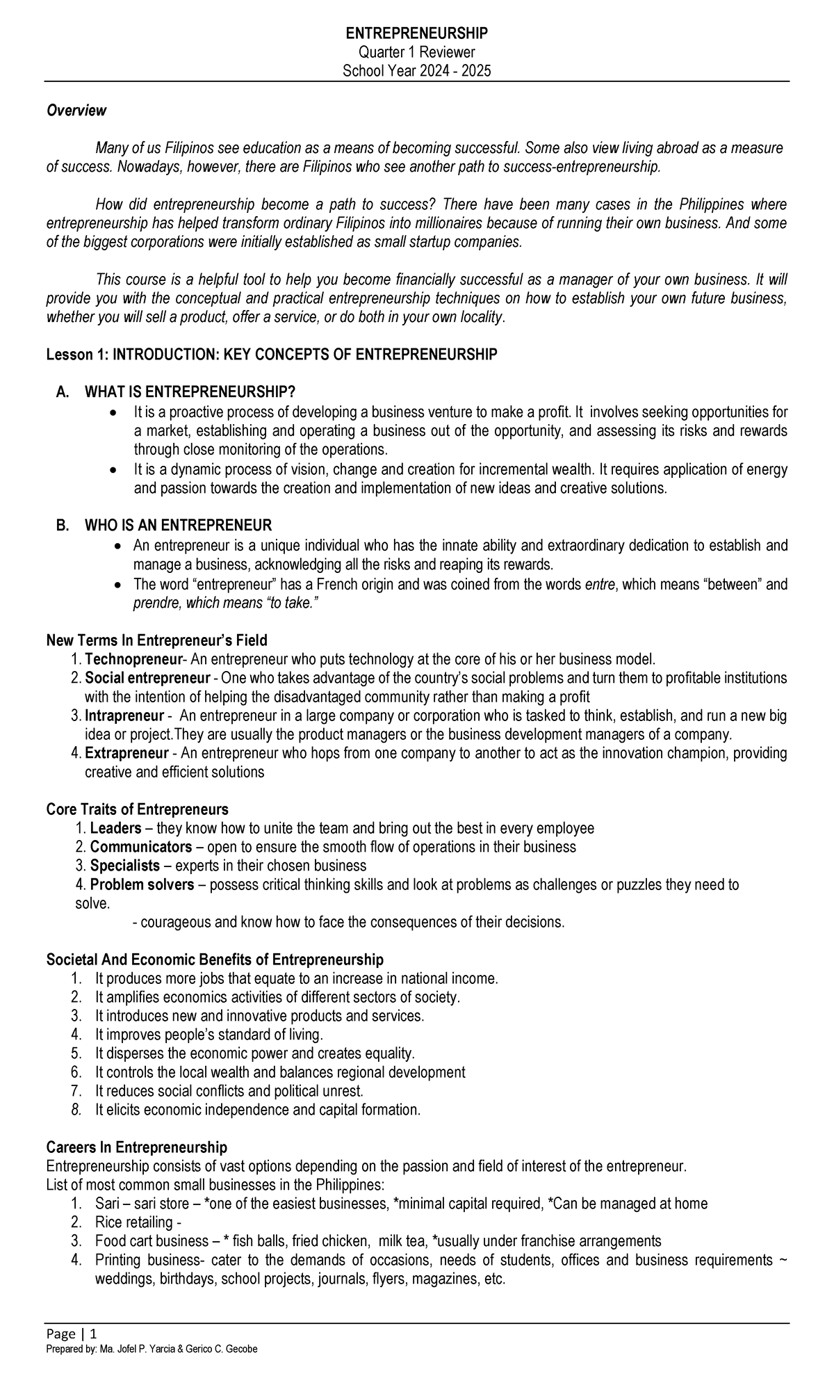 Entrepreneurship Q1 Reviewer SY 2024 2025 Jofel - Quarter 1 Reviewer ...