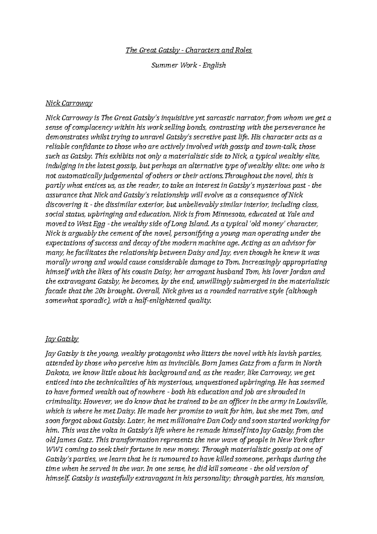 The Great Gatsby Character Profiles - The Great Gatsby - Characters and ...