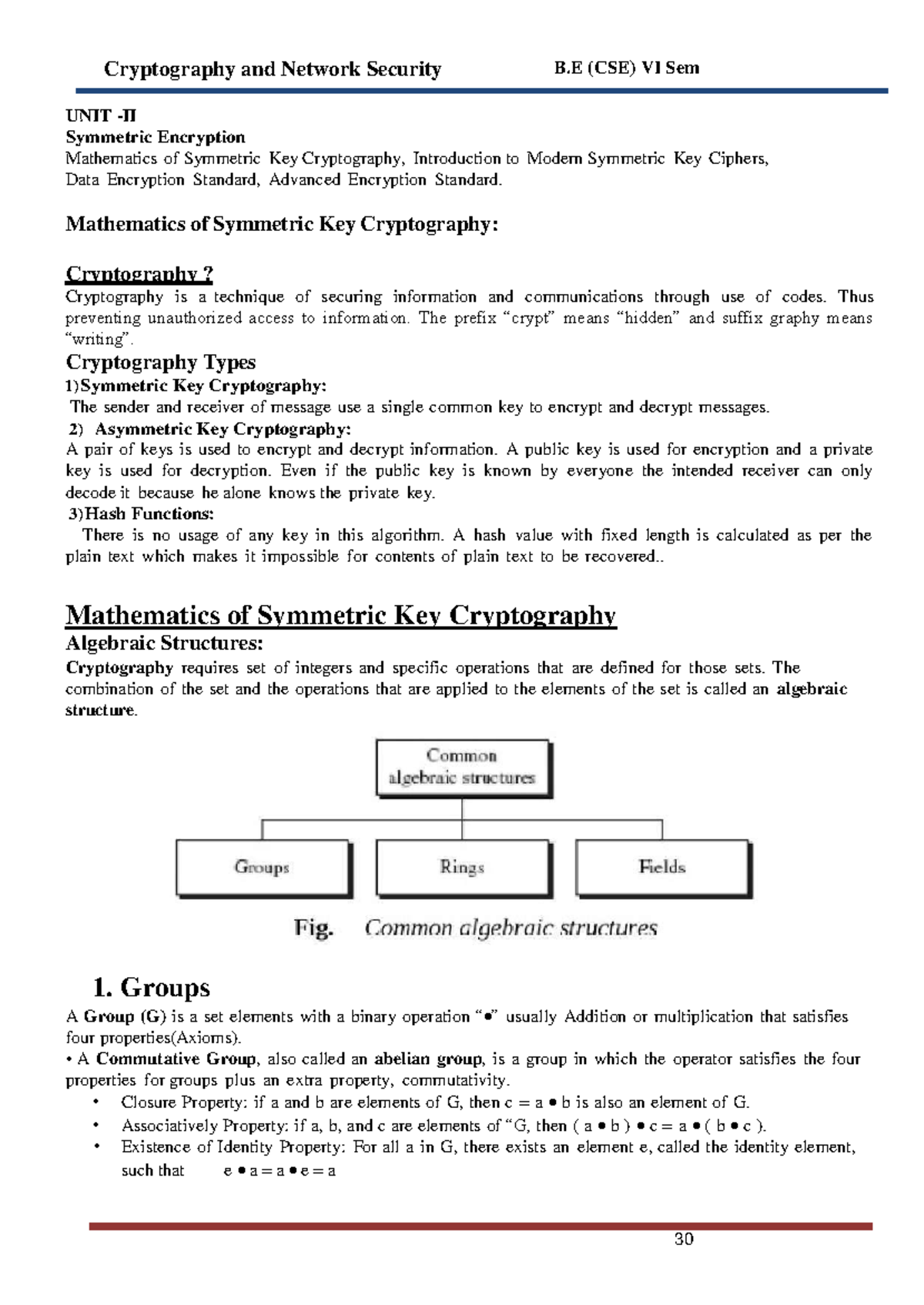 CNS-UNIT-2 - Cryptography - UNIT - II Symmetric Encryption Mathematics of Symmetric Key - Studocu