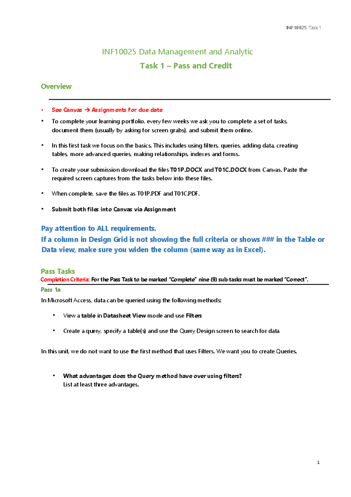 INF10025 Tasks 01-2 - INF10025 Data Management and Analytic Task 1 – Pass and Credit Overview ...
