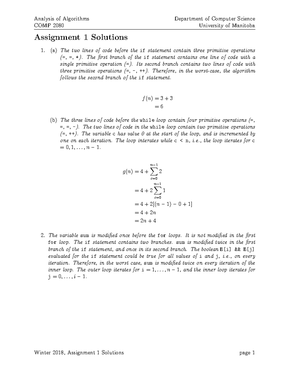A1sol - Solution for assignment 1 - Analysis of Algorithms COMP 2080 Department of Computer ...