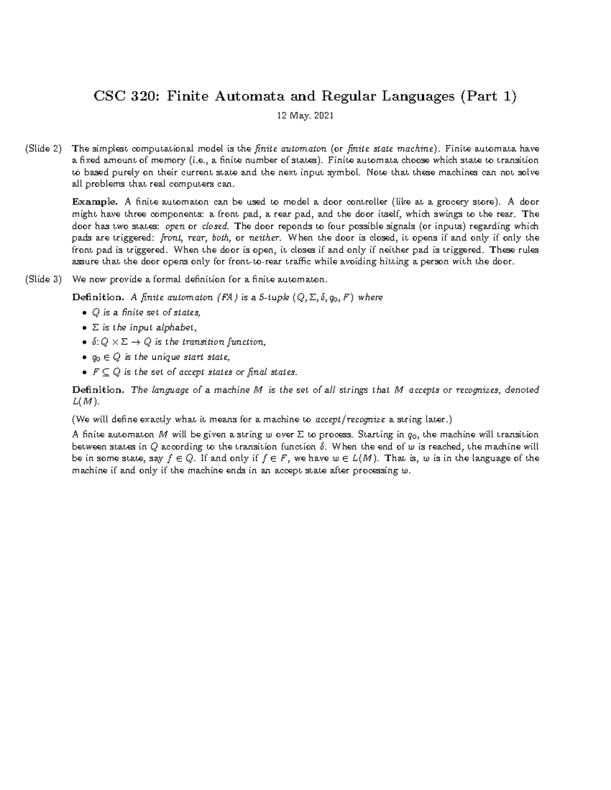 Lecture 03 notes 1 - CSC 320: Finite Automata and Regular Languages ...