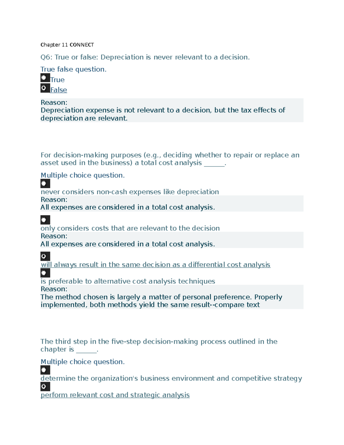 Chapter 11 Connect - Midterm preparation - Chapter 11 CONNECT Q6: True or false: Depreciation is ...