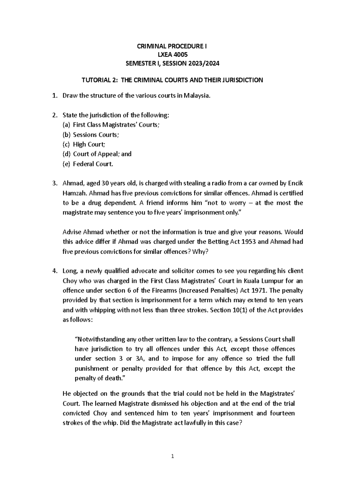 Tutorial Sheet 2 - Jurisdiction of Criminal Courts - CRIMINAL PROCEDURE ...