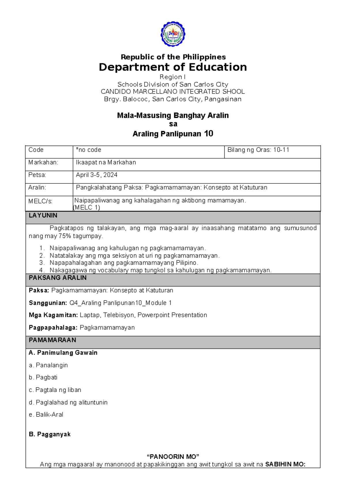 SDLP APAN Q4 LP - Republic of the Philippines Department of Education ...