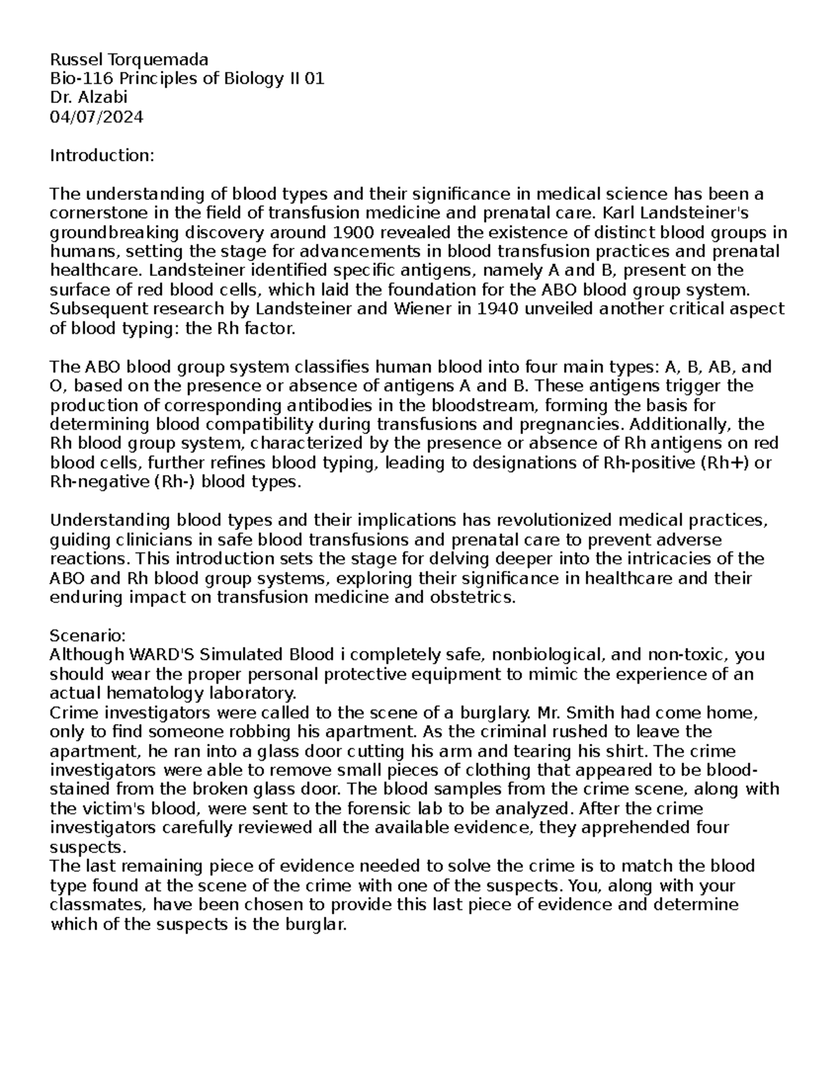 Blood typing lab - Russel Torquemada Bio-116 Principles of Biology II ...