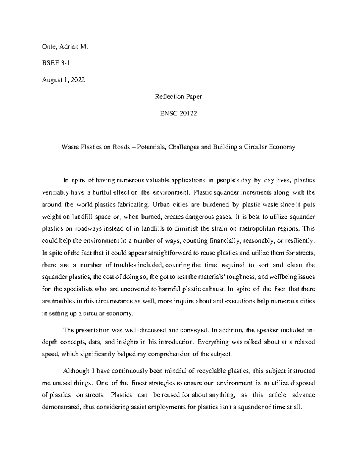 Reflection Paper - Onte, Adrian M. BSEE 3- August 1, 2022 Reflection ...