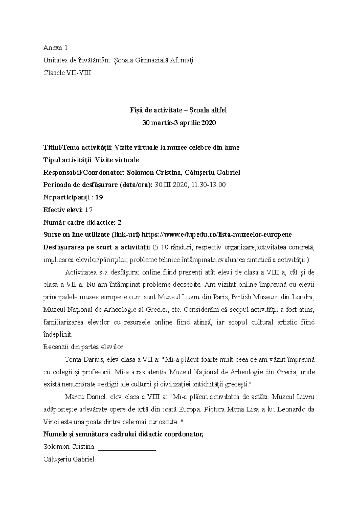 Fisa de acctiv Vizite virtuale la muzee celebre din lume - Anexa 1 ...