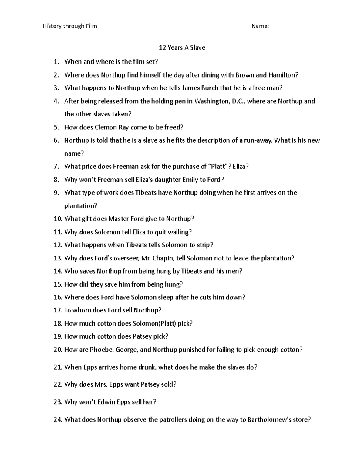 12 Years A Slave movie Questions - History through Film Name ...