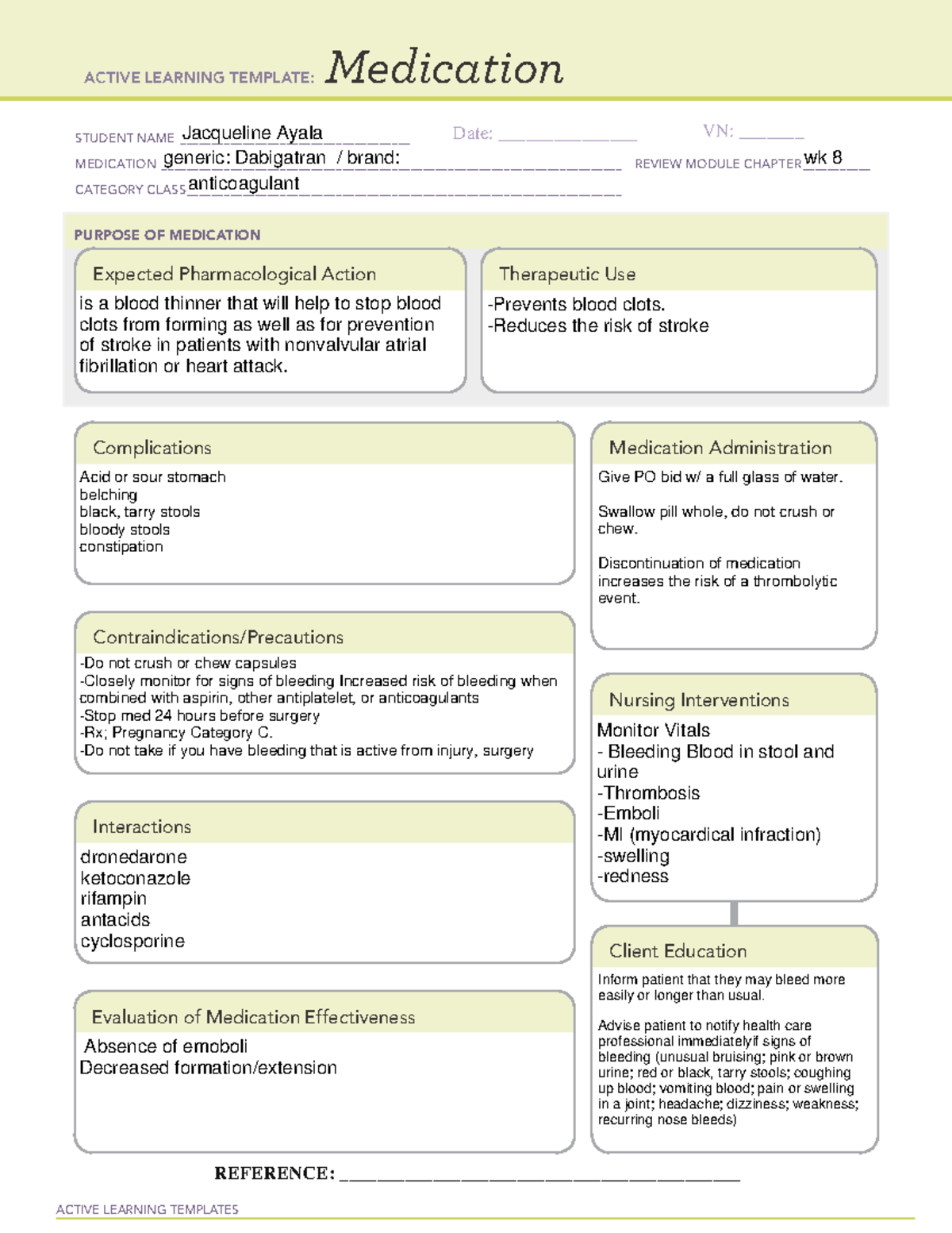 Dabigatran med card - ACTIVE LEARNING TEMPLATES Medication STUDENT NAME ...