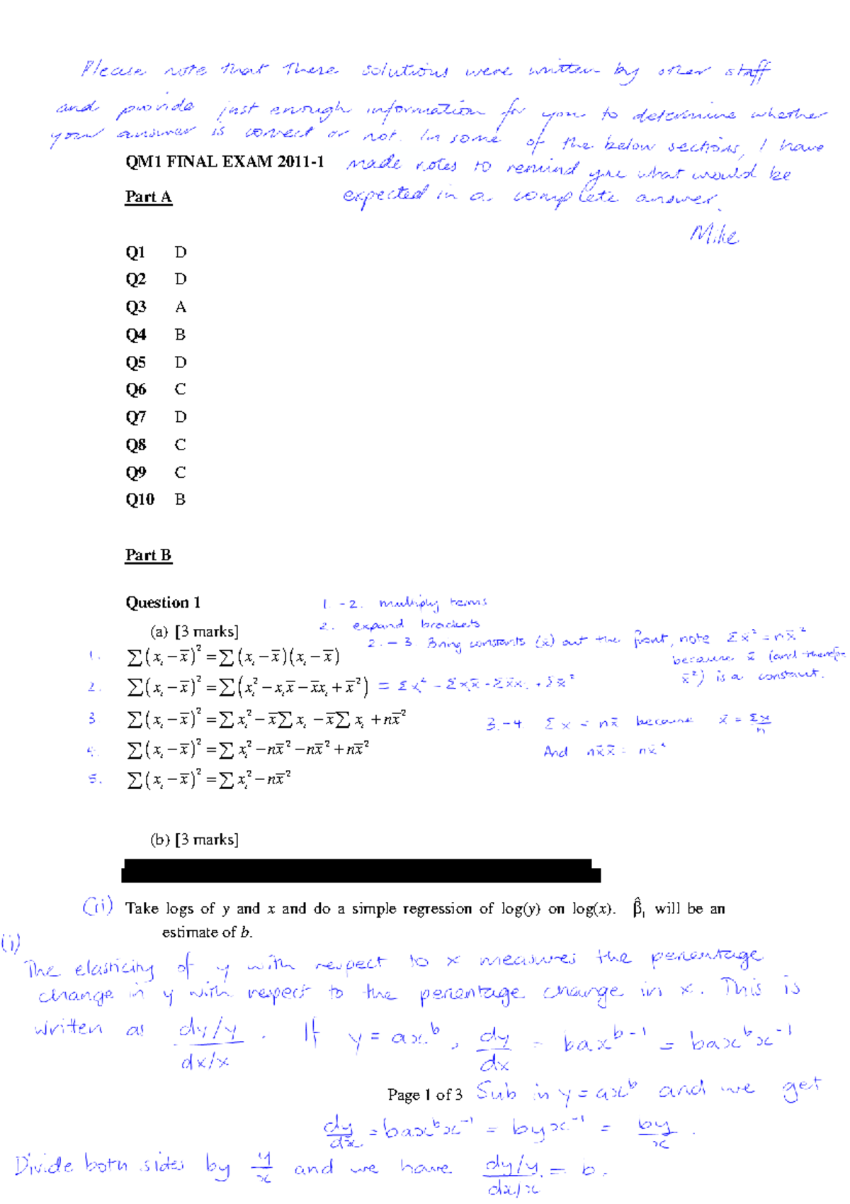 ECON10005 2011 S1 Exam Solutions - ####### Page 1 of 3 ####### QM1 ...
