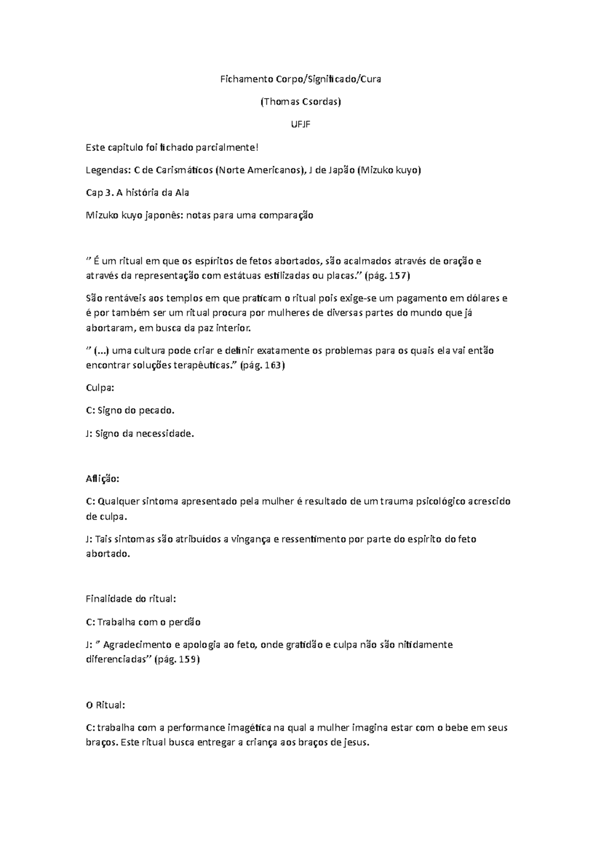 Fichamento do cap Corpo/significado/cura - Fichamento (Thomas Csordas ...