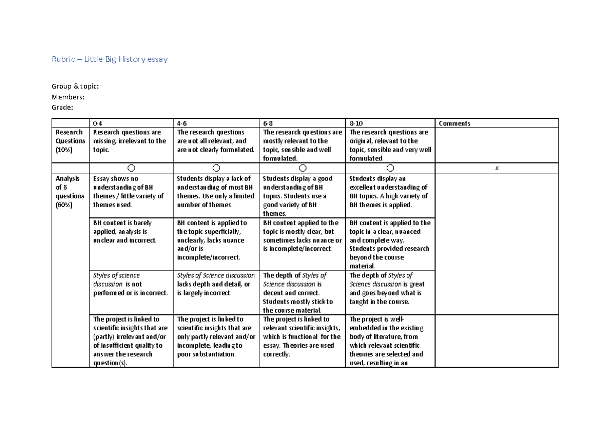 Rubric LBH essay 2023-2024 - Rubric – Little Big History essay Group ...