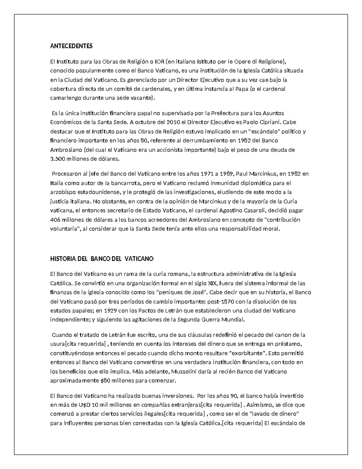 Banco vaticano Antecedentes - ANTECEDENTES El Instituto para las Obras ...