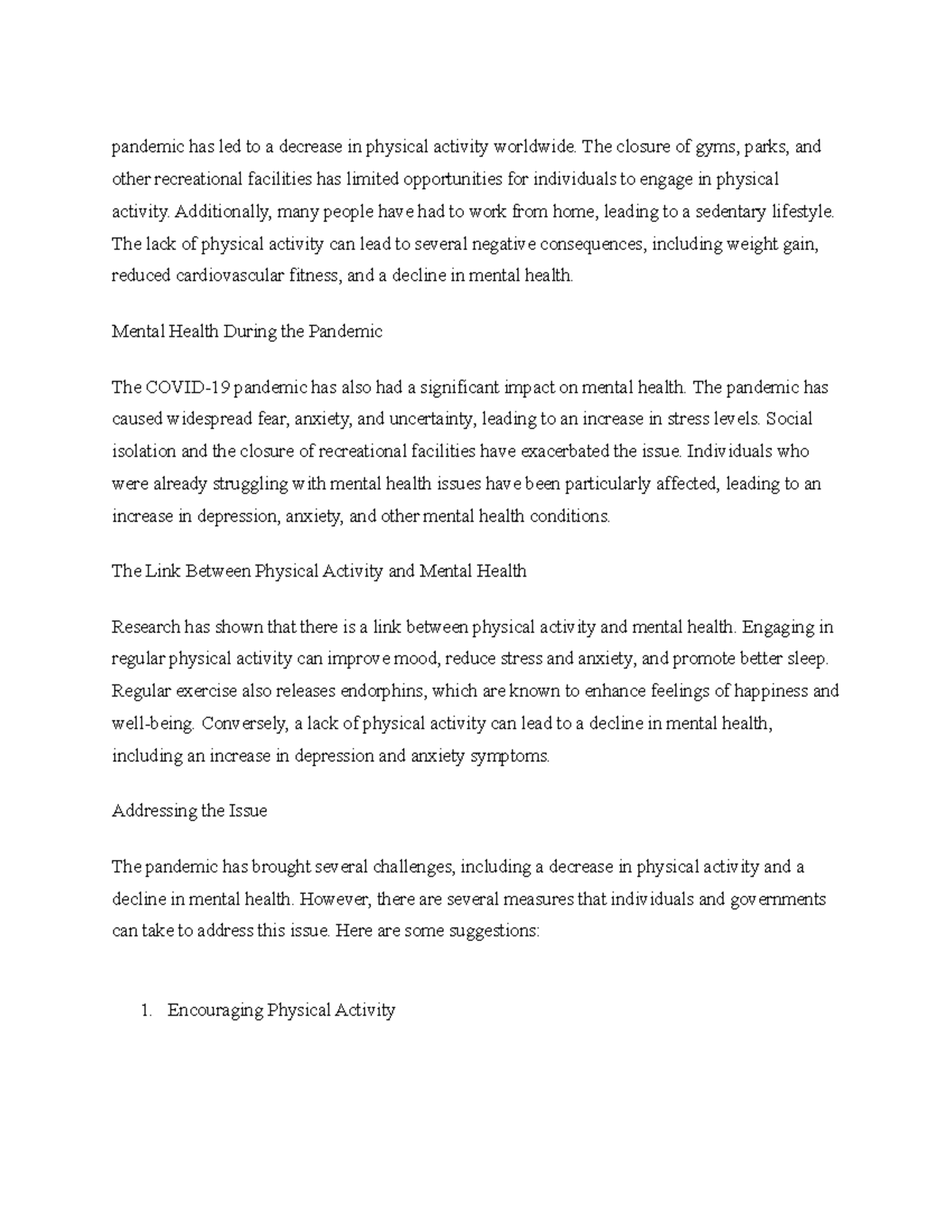 Title The Impact of Covid-19 on Physical Activity and Mental Health ...