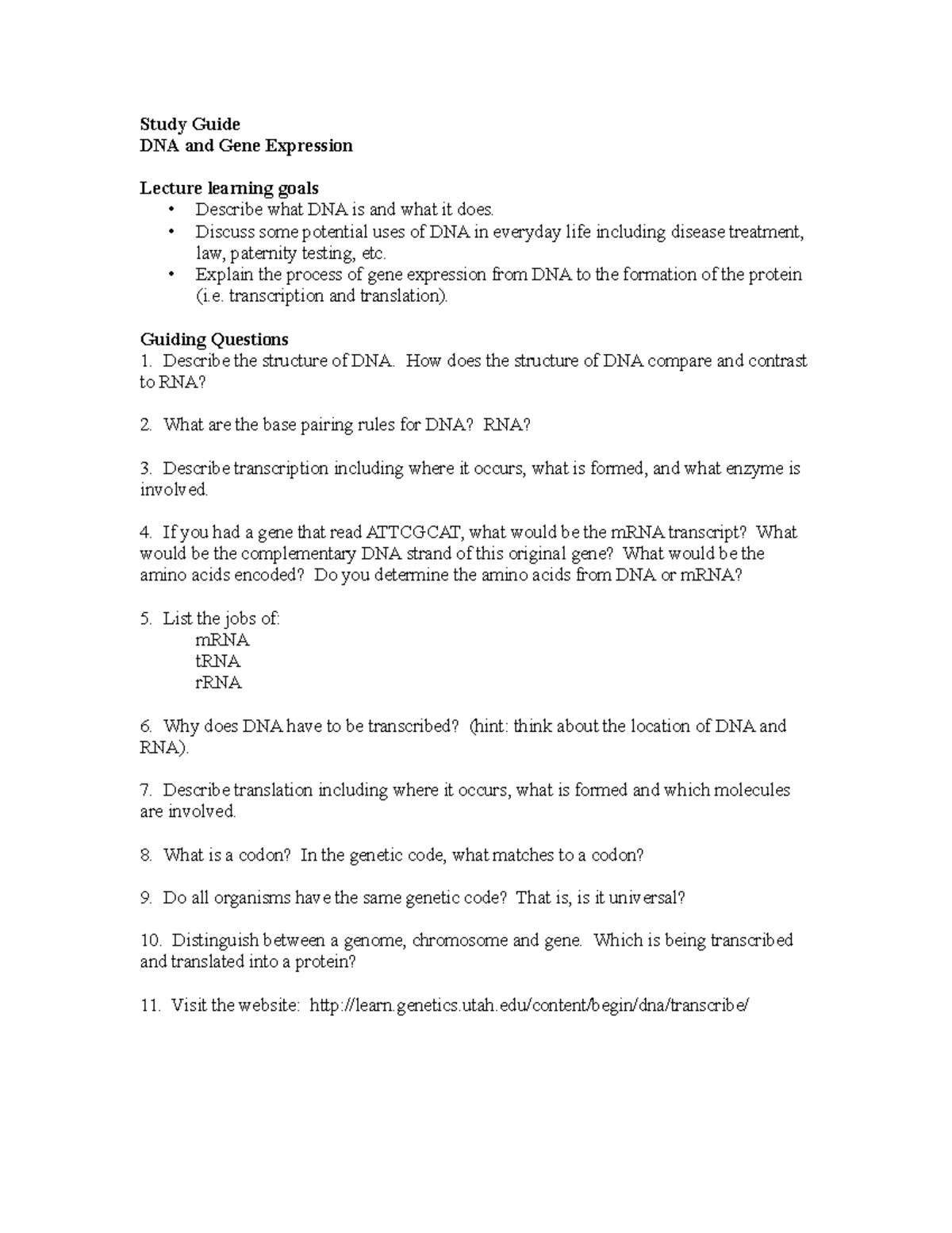 Study guide dna and making protein - Study Guide DNA and Gene ...