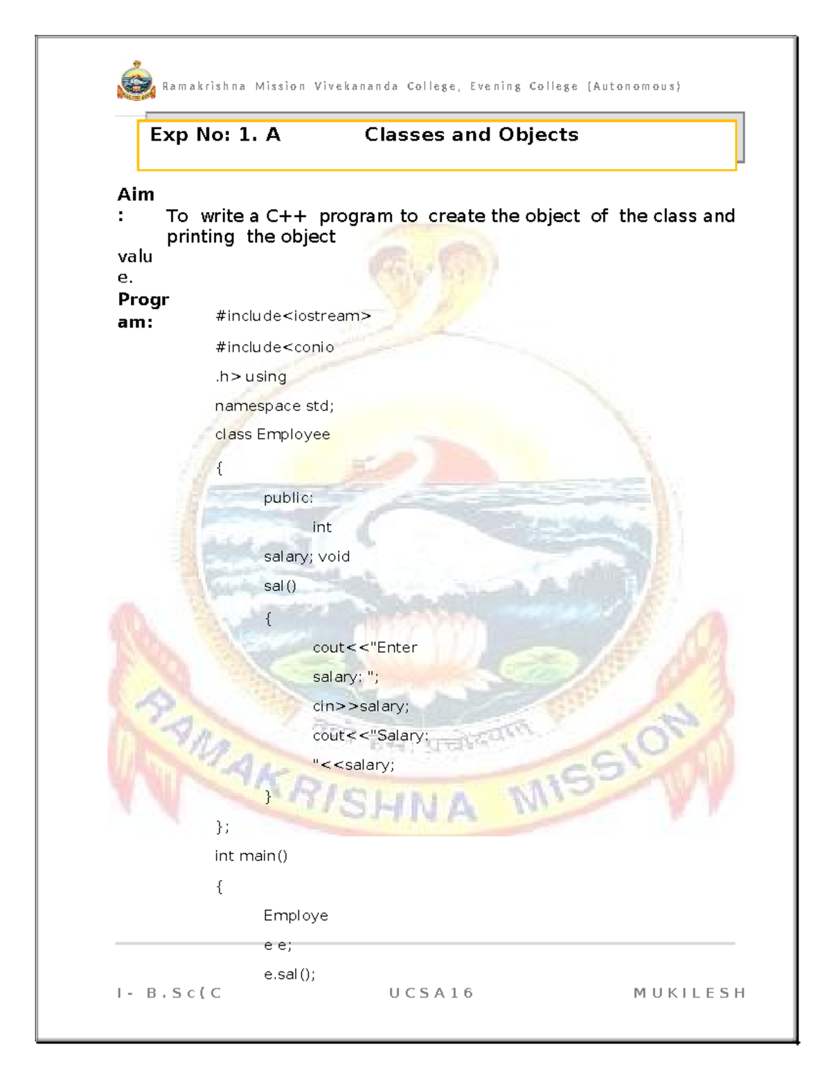 C++ Lab - F - I - B. S c ( C U C S A 1 6 M U K I L E S H R a m a k r i ...