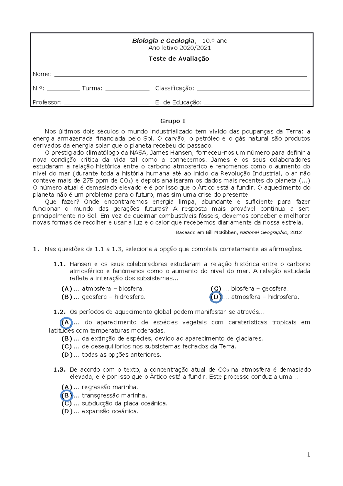 Teste de geologia - Biologia e Geologia, 10.º ano Ano letivo 2020 ...