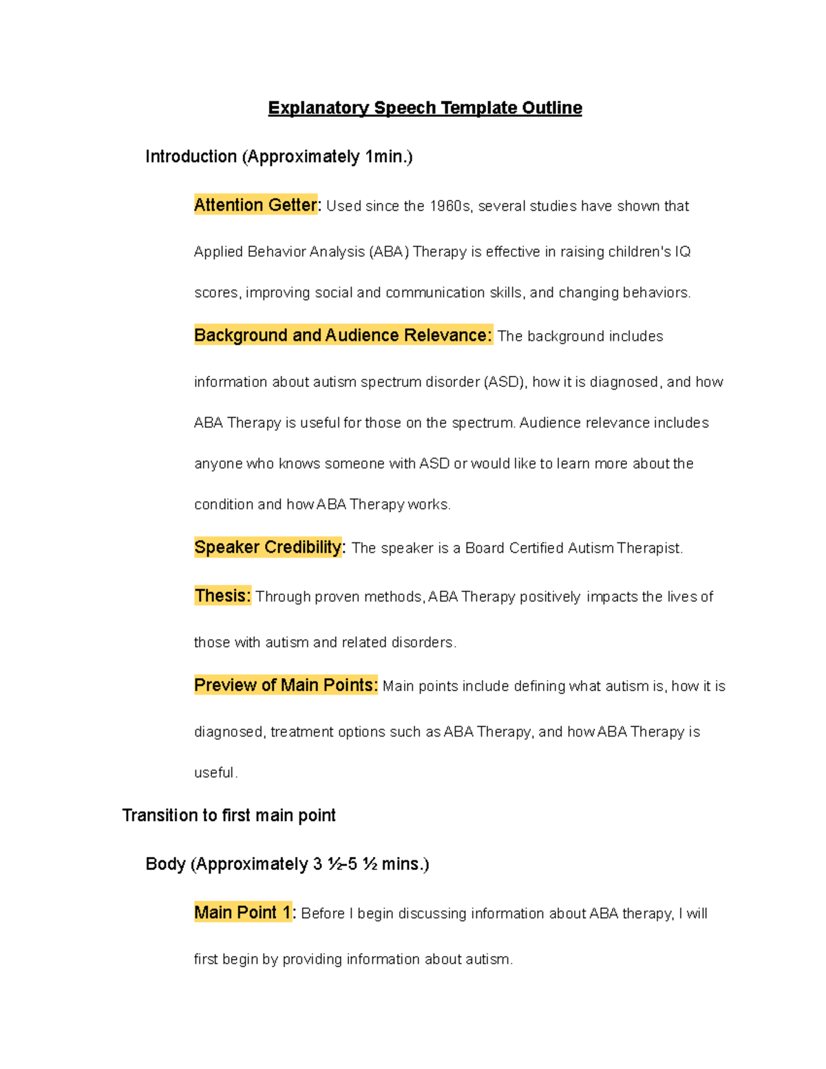 Explanatory Speech Template Outline - Explanatory Speech Template ...