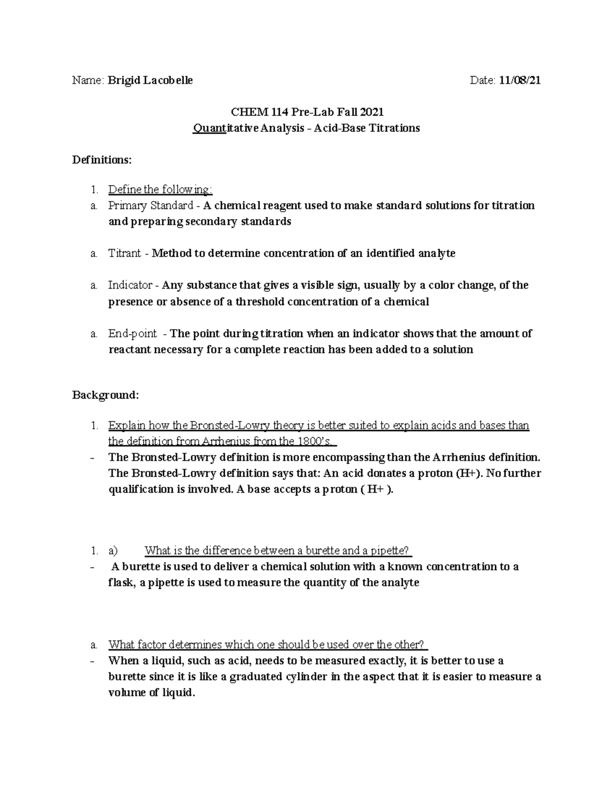 Quantitative Analysis Pre Lab - Name: Brigid Lacobelle Date: 11/08 ...