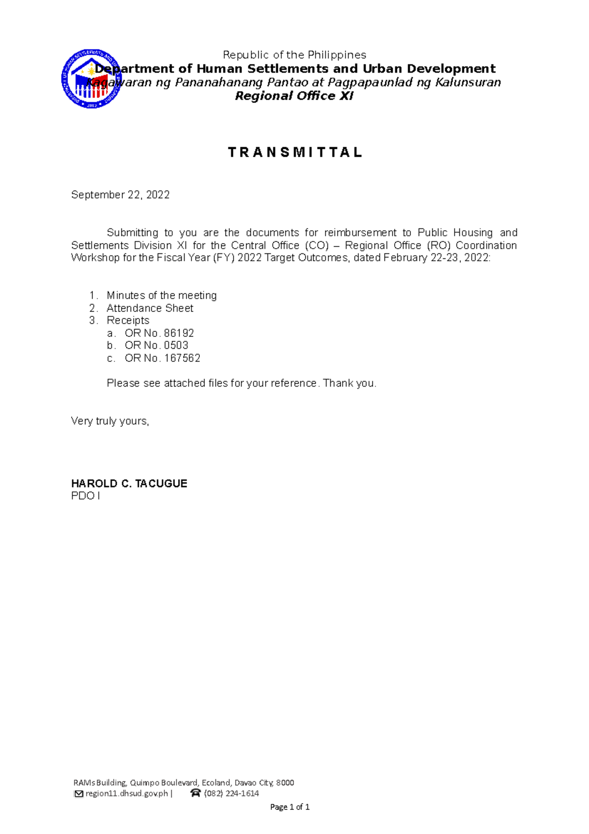 Transmittal - Page 1 of 1 Republic of the Philippines Department of ...